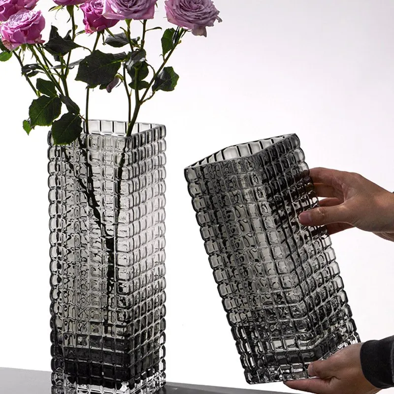 1Pc Wholesale Decorative Grid Texture Square Mouth Tall Glass Vase ...